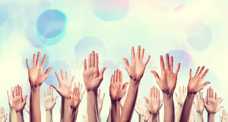 Group of People Rise Hands . Mixed Media Stock Image - Image of ...