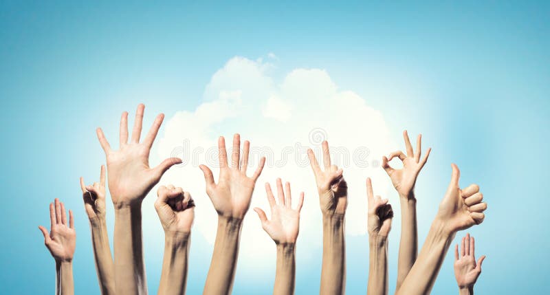 Group of People Rise Hands . Mixed Media Stock Image - Image of rise ...