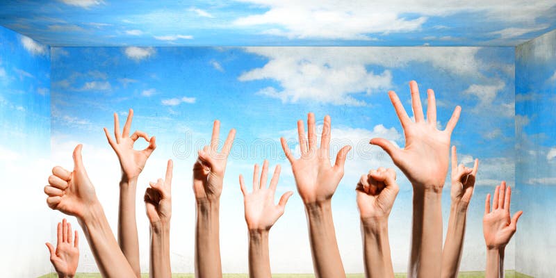 Group of People Rise Hands . Mixed Media Stock Image - Image of rise ...