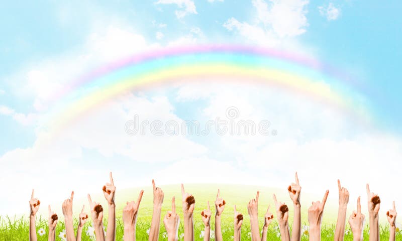 Group of People Rise Hands . Mixed Media Stock Image - Image of ...