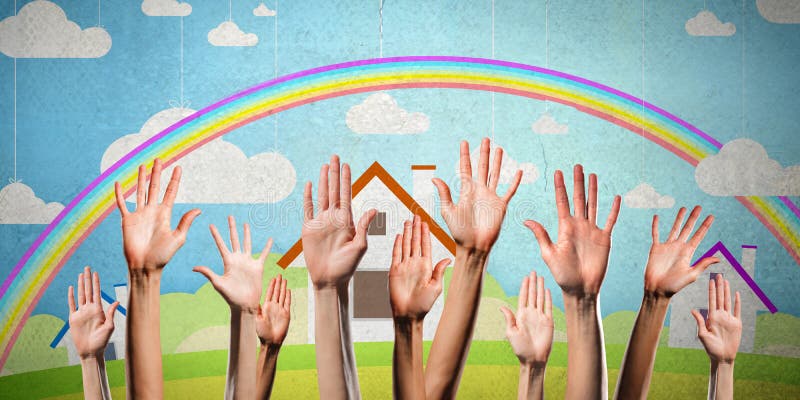 Group of People Rise Hands . Mixed Media Stock Illustration ...