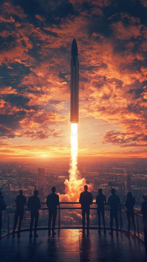 Group of People on a Rooftop Watching a Large Rocket Launch into the ...
