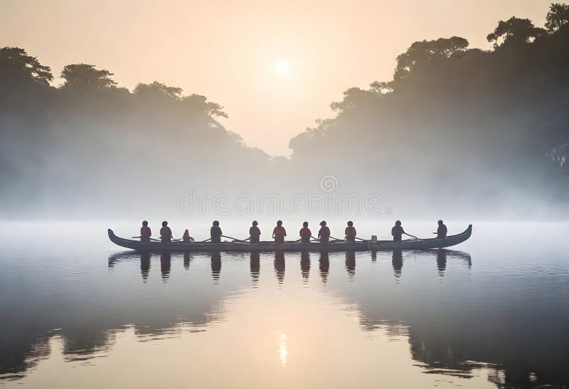 A Group of People are Rowing a Boat on a Lake Stock Illustration ...