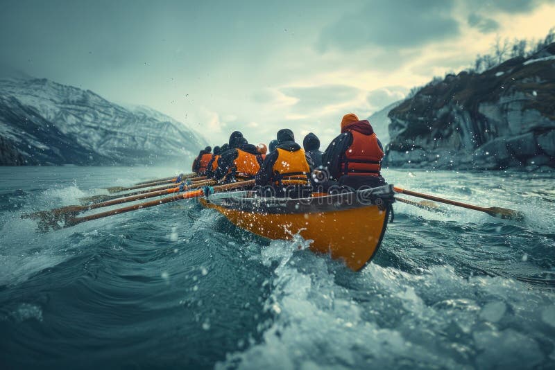 A Group of People Rowing a Boat through a Rough Sea Stock Photo - Image ...