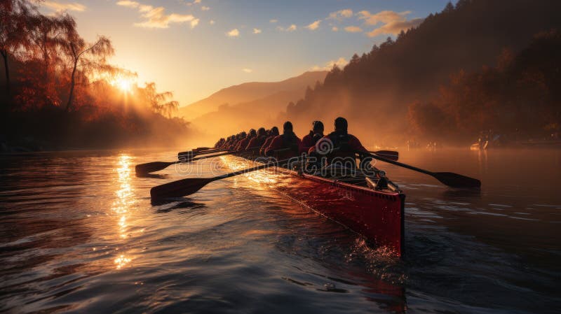 Group of People Rowing Boat Team on a Lake in the Early Morning Stock ...