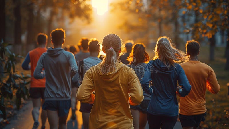 Group of People Running in Autumn Park. AI Generated. Stock ...