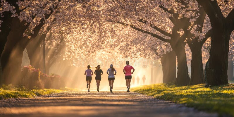 A Group of People are Running Down a Path Surrounded by Cherry Blossom ...