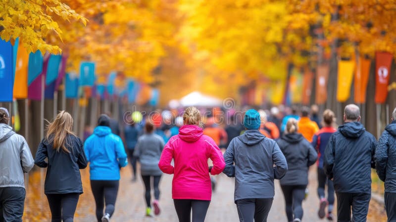 A Group of People Running Down a Street in the Fall, AI Stock Photo ...