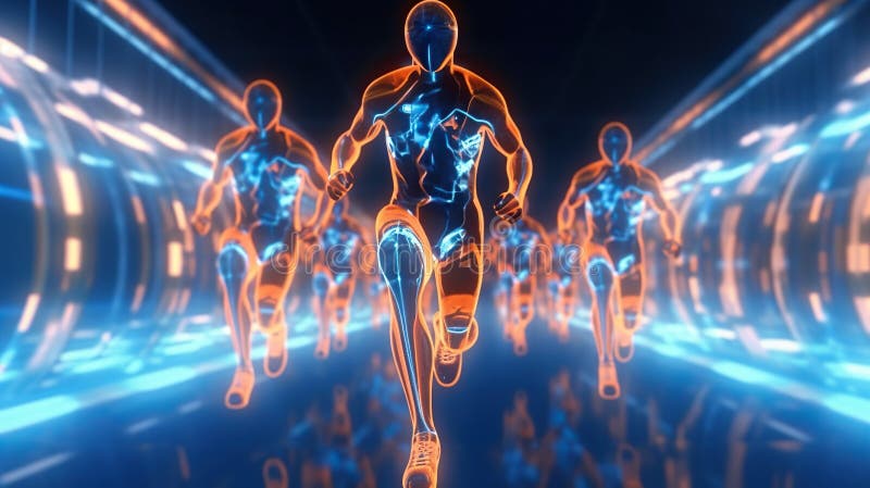 A Large Group of People Running through an Orange Tunnel. Generative AI ...