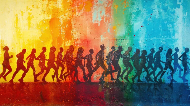 A Group of People Running in a Line on the Side Walk, AI Stock Photo ...