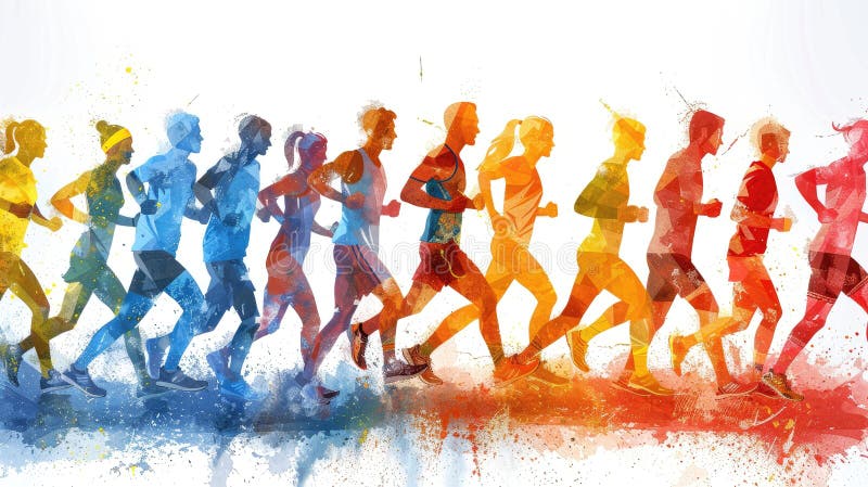 A Group of People Running in a Line with a Splash of Color Stock Image ...