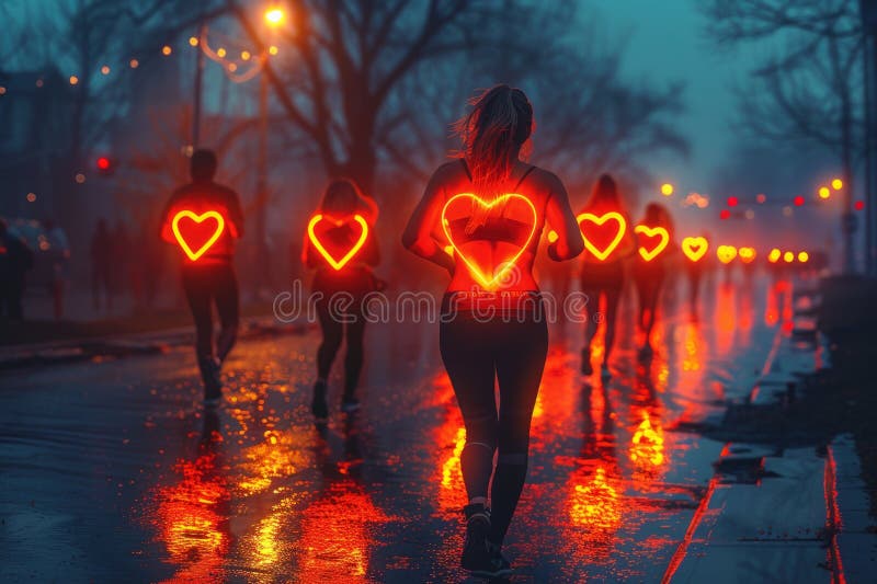 A Group of People Running at Night in the City with Glowing Heart ...