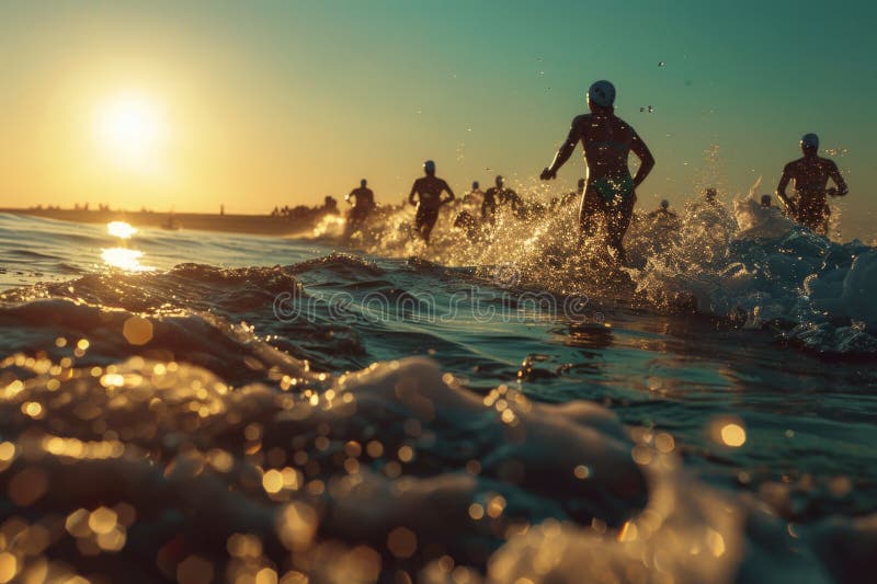 A Group of People Running into the Ocean at Sunset, Great for Beach or ...
