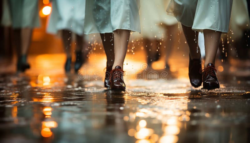 Group of People Running Outdoors in the Rain at Night Generated by AI ...