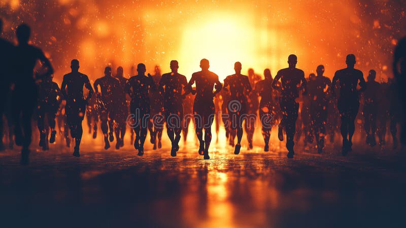 Group of People Running Towards Sunset, Creating Dramatic Silhouette ...