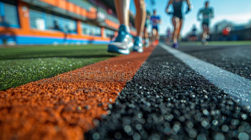 A Group of People Running on a Track with Orange and Blue Lines, AI ...