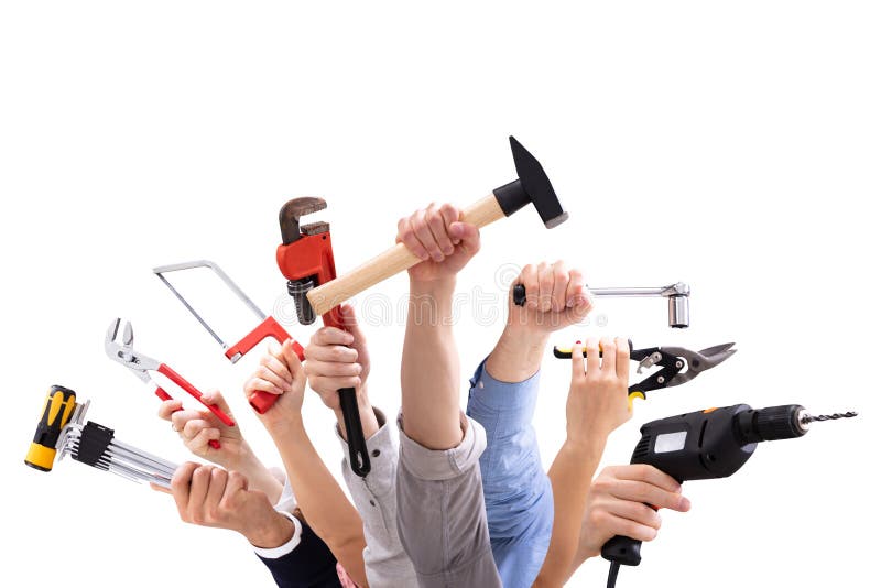 Group of People`s Hand Holding Carpentry Tools Stock Image - Image of ...