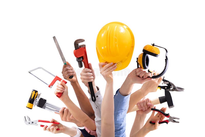 Group of People`s Hand Holding Carpentry Tools Stock Image - Image of ...
