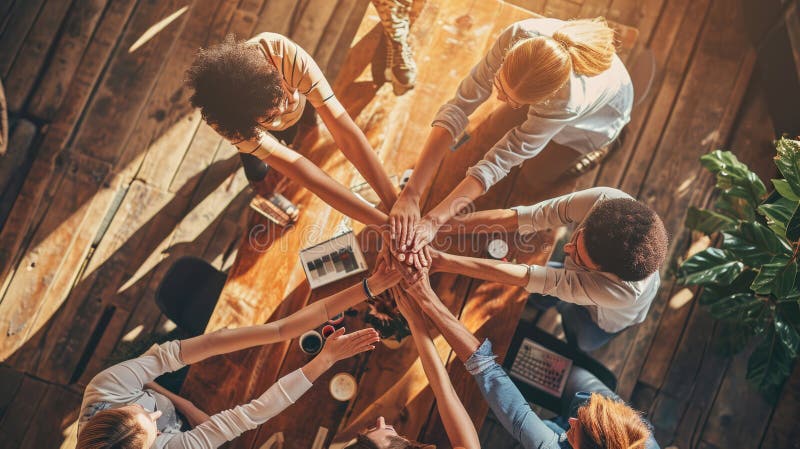 Group of People S Hands Joined Together in the Center of a Table Filled ...