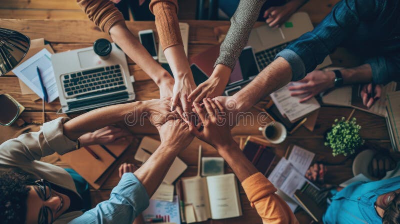 Group of People S Hands Joined Together in the Center of a Table Filled ...