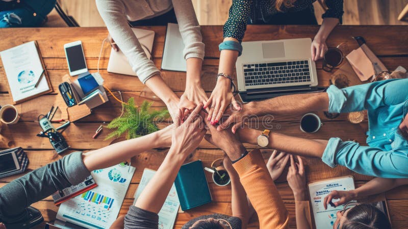Group of People S Hands Joined Together in the Center of a Table Filled ...