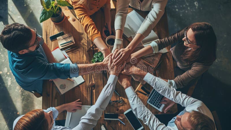 Group of People S Hands Joined Together in the Center of a Table Filled ...