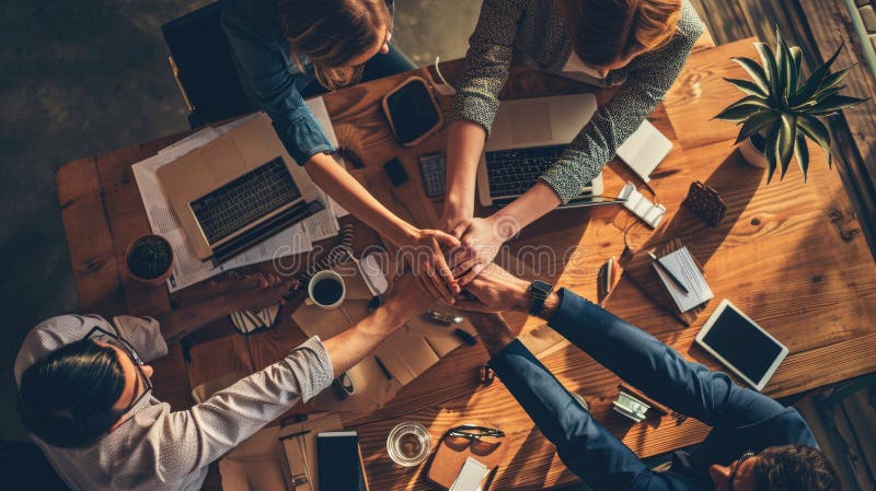 Group of People S Hands Joined Together in the Center of a Table Filled ...