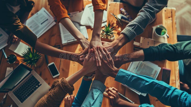Group of People S Hands Joined Together in the Center of a Table Filled ...