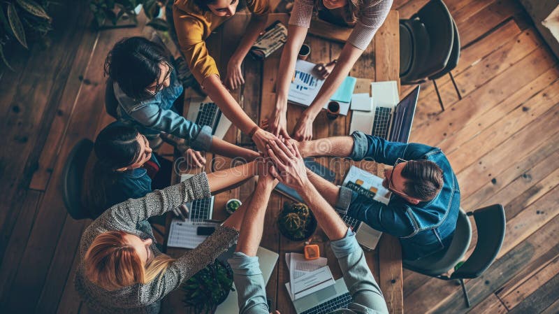 Group of People S Hands Joined Together in the Center of a Table Filled ...