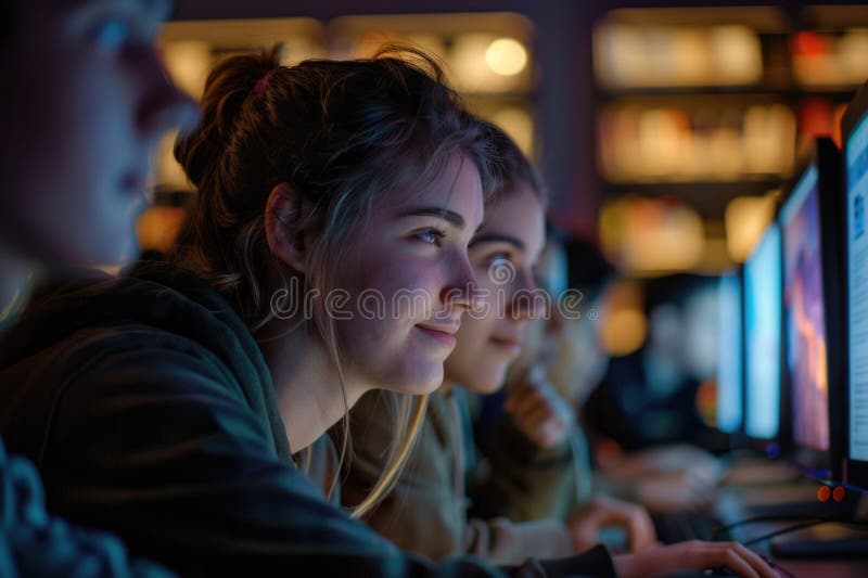 Group of People Seated at Computers, Focusing on Their Work Stock Photo ...