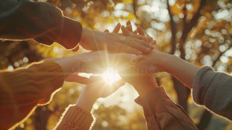 Group of People are Seen Stacking Their Hands Together in a Gesture of ...
