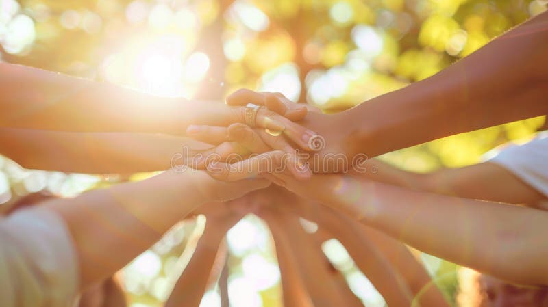 Group of People are Seen Stacking Their Hands Together in a Gesture of ...