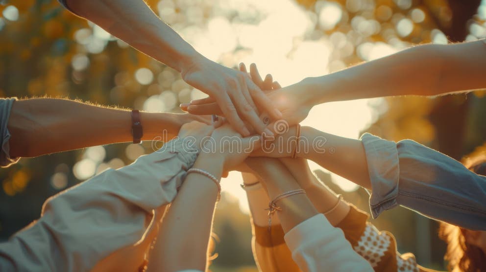 Group of People are Seen Stacking Their Hands Together in a Gesture of ...