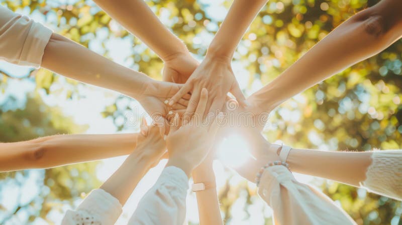 Group of People are Seen Stacking Their Hands Together in a Gesture of ...