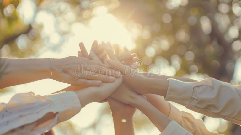 Group of People are Seen Stacking Their Hands Together in a Gesture of ...