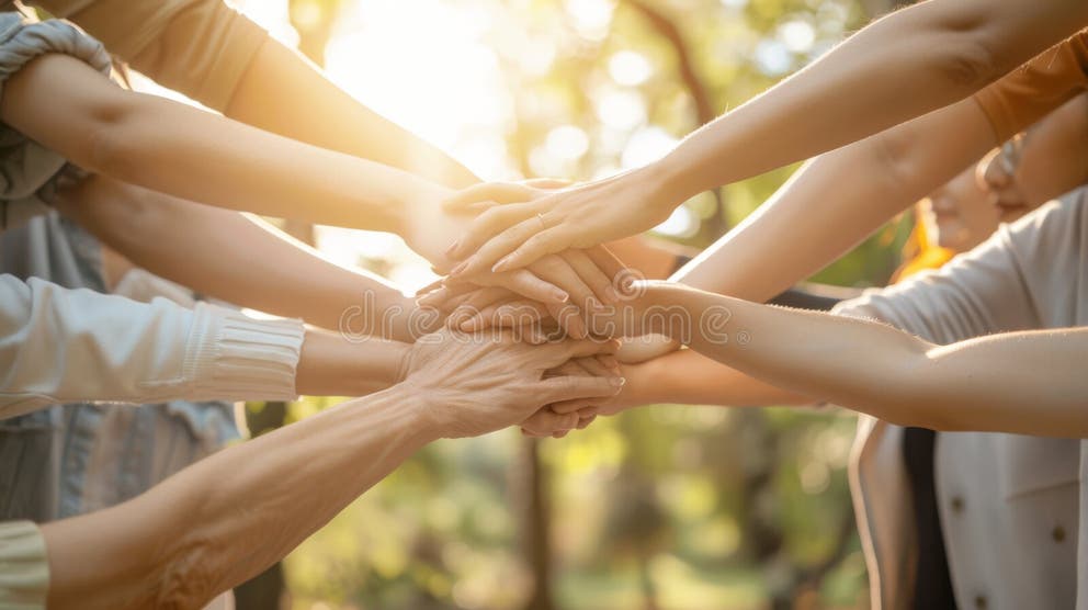 Group of People are Seen Stacking Their Hands Together in a Gesture of ...