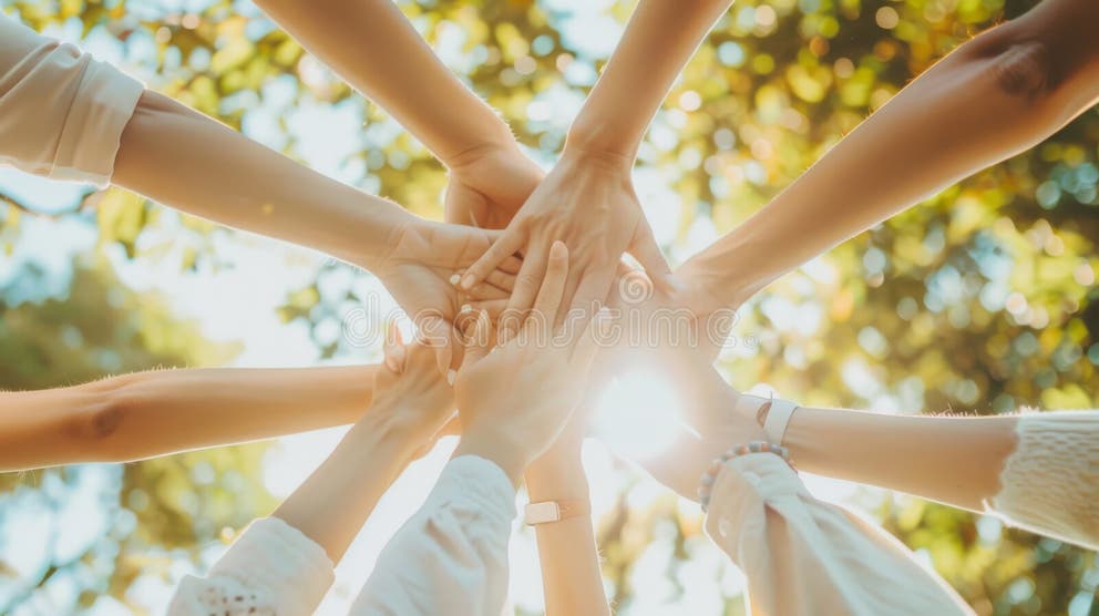 Group of People are Seen Stacking Their Hands Together in a Gesture of ...