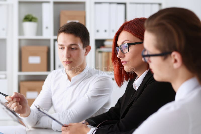 Group People Sit in Office Deliberate on Problem Stock Photo - Image of ...