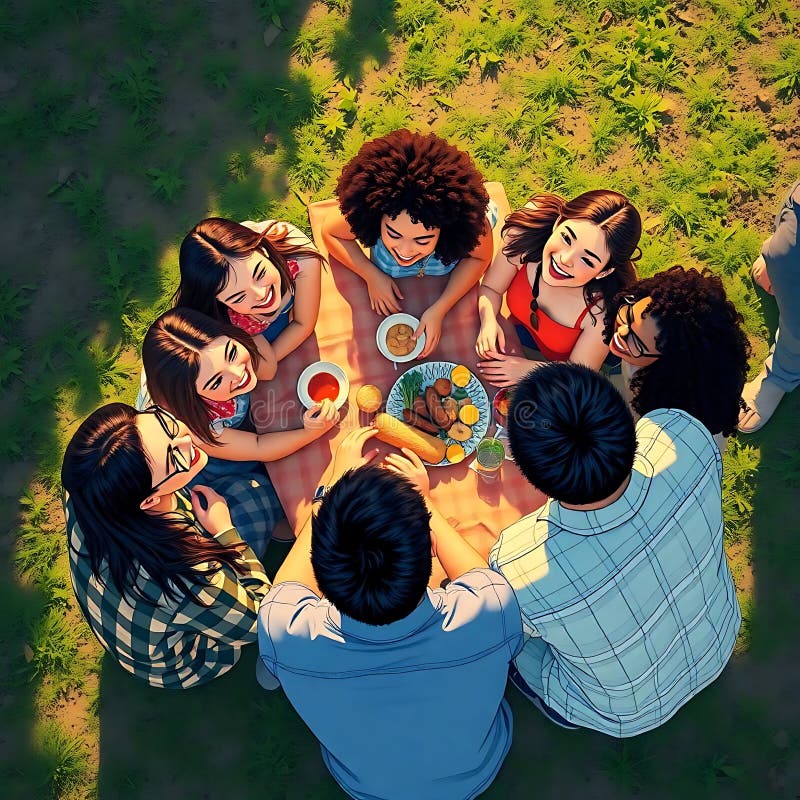 A Group of People Sits Around a Table Covered with a Checkered Cloth ...