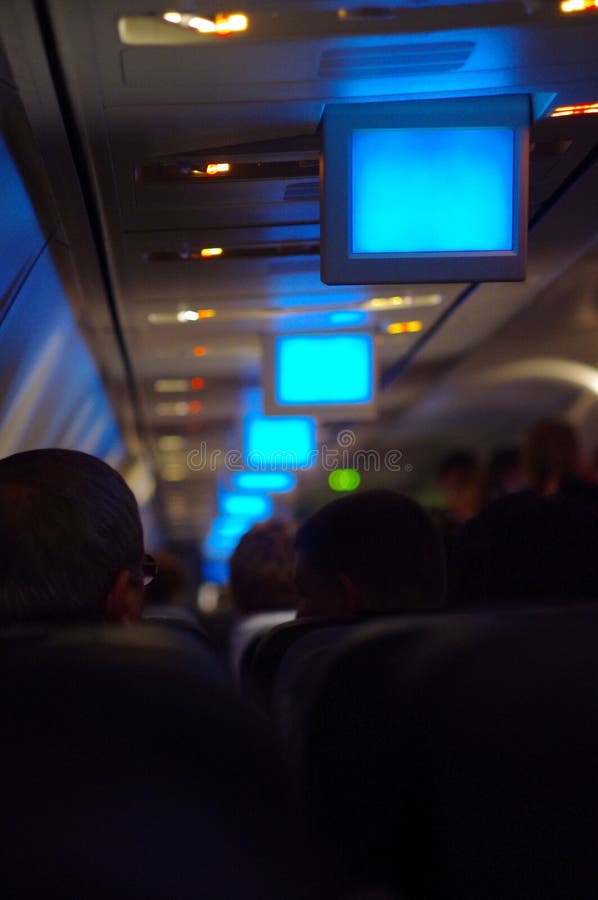 Group of People are Sitting in an Airplane with a Blue Screen in the ...