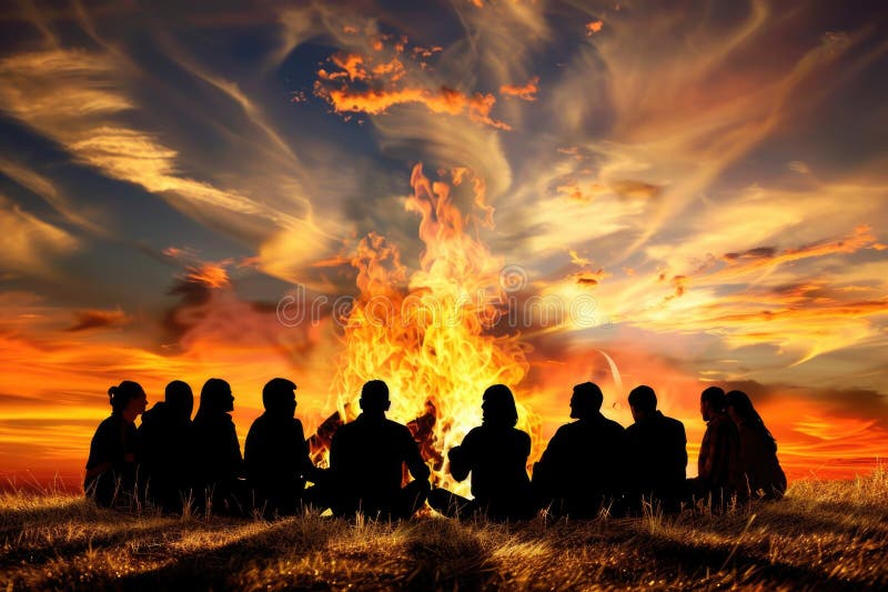 Group of People Sitting Around Bonfire at Sunset Under Dramatic Sky ...