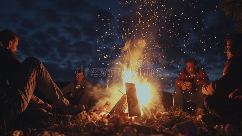 A Group of People Sitting Around a Campfire Stock Image - Image of ...