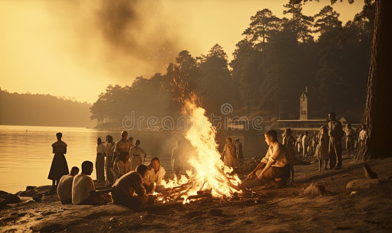 Group of People Sitting Around Campfire Stock Image - Image of sitting ...