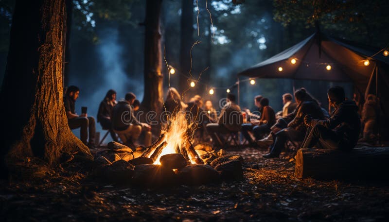 Group of People Sitting Around a Campfire, Enjoying Nature Warmth ...