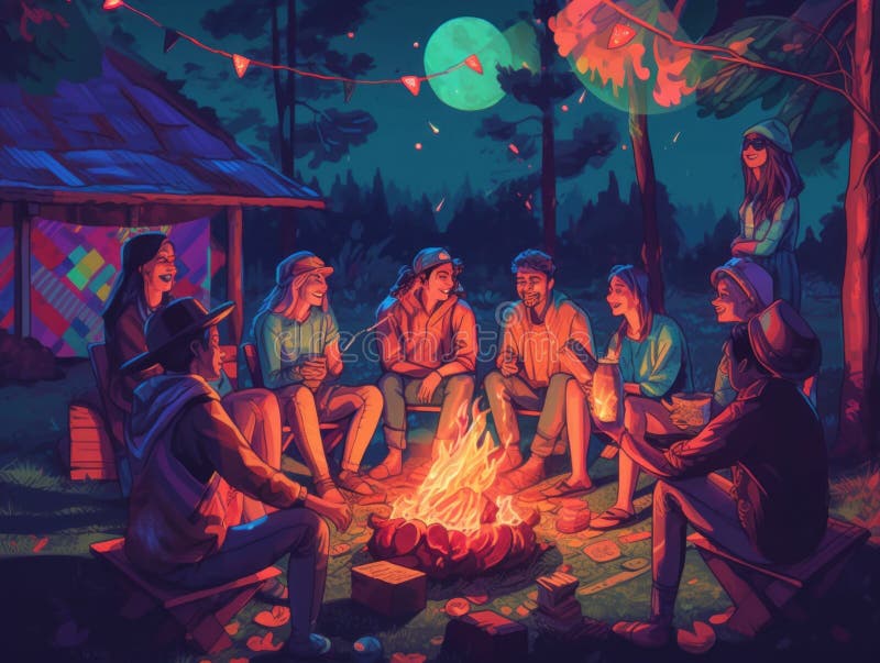 A Group of People Sitting Around a Campfire. Generative AI Image. Stock ...