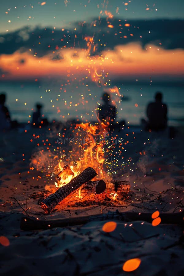 A Group of People are Sitting Around a Fire on a Beach at Sunset Stock ...