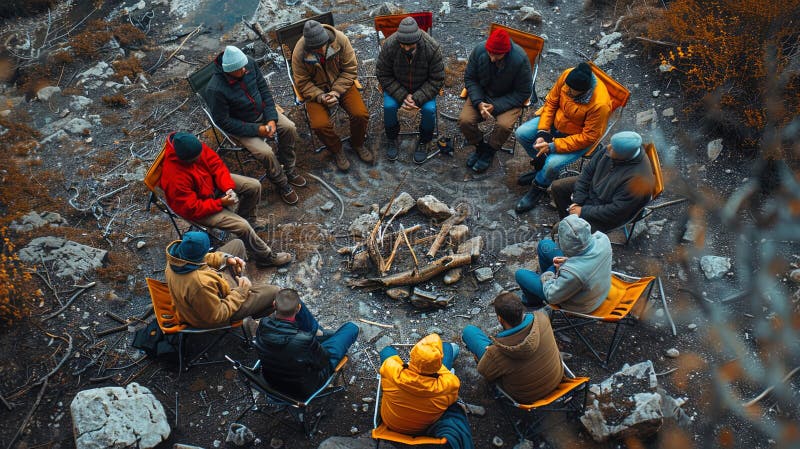 A Group of People Sitting Around a Fire in the Woods Stock Image ...