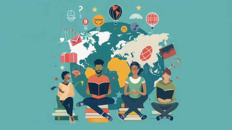 Group of People Sitting Around Globe Reading Books Stock Image - Image ...