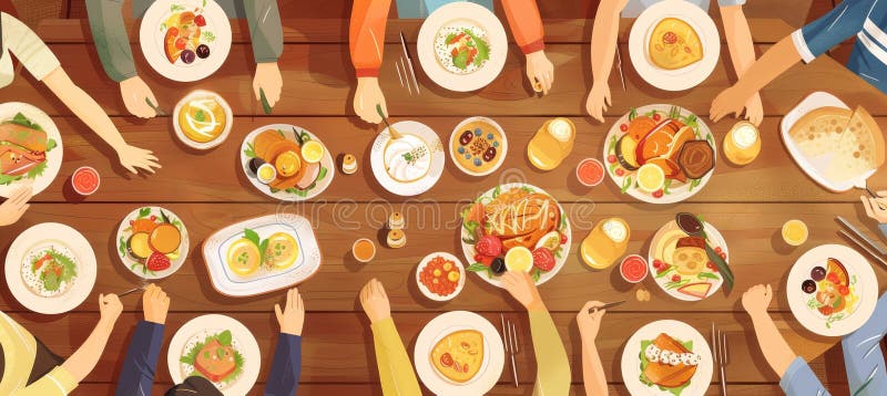 A Group of People are Sitting Around a Long Table with a Variety of ...