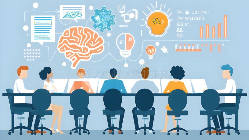 A Group of People are Sitting Around a Table with a Brain Drawing on ...